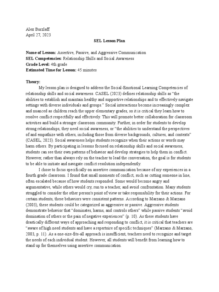 Burzlaff Sel Lesson Plan | PDF | Communication | Cognitive Science