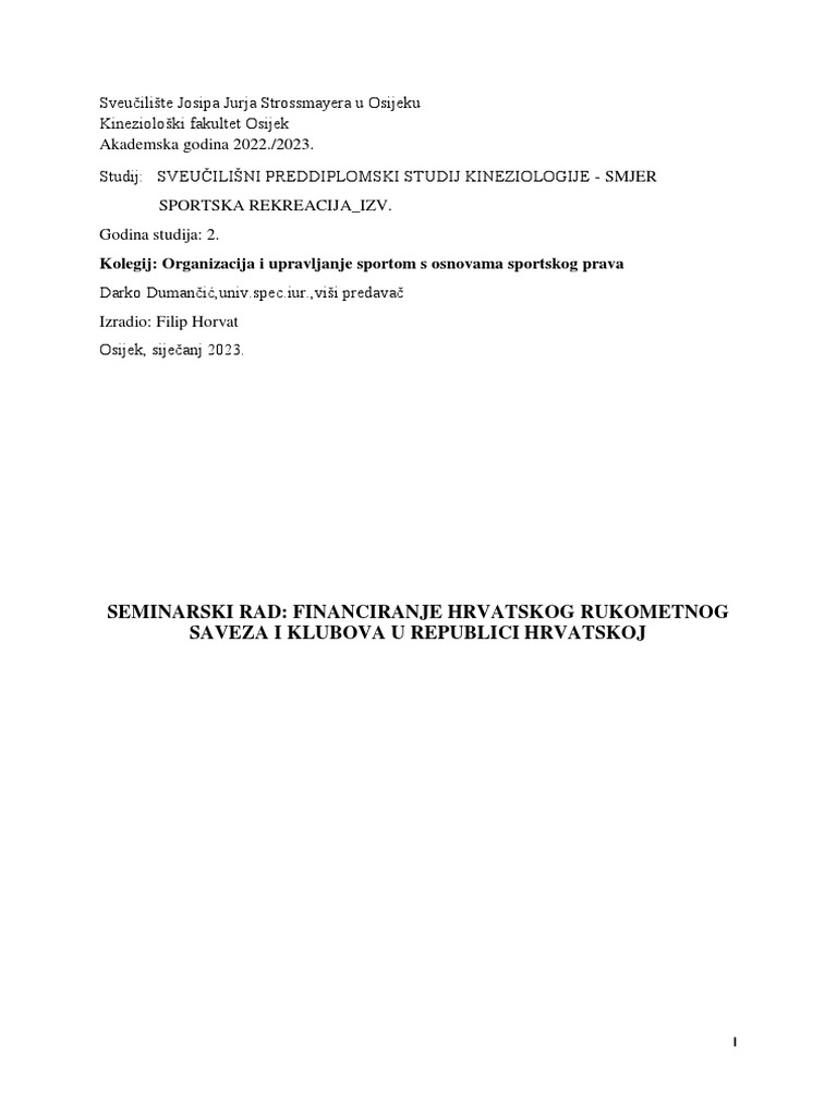 Seminar - Filip Horvat - Financiranje Hrvatskog Rukometnog Saveza I ...