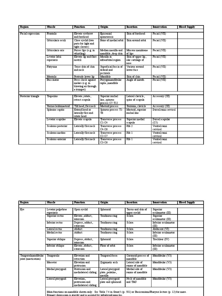 Table of Head and Neck Muscles | PDF | Larynx | Neck