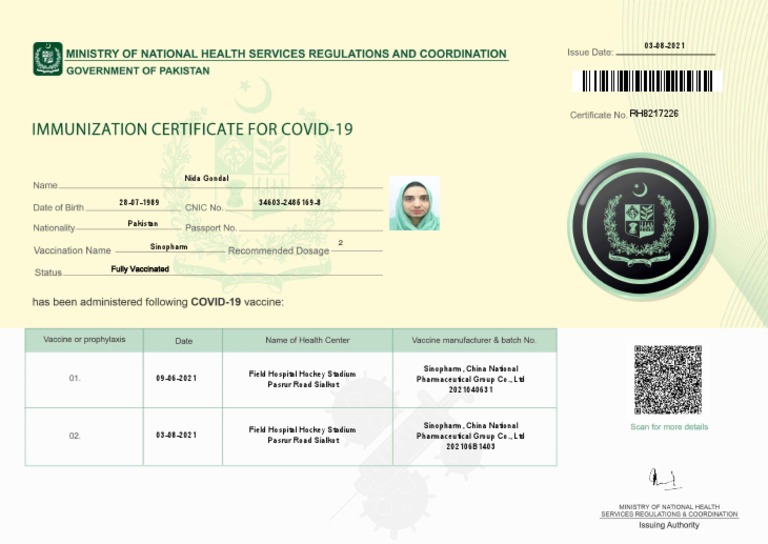 Vaccination Certificate Nida Gondal | PDF