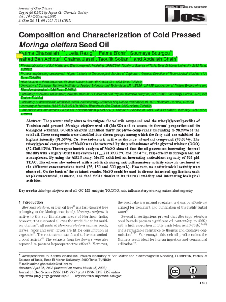 Moringa Oleifera Seed Oil: Composition and Characterization of Cold ...