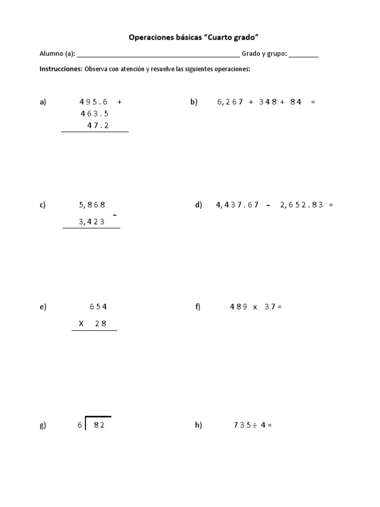 Operaciones Básicas "Cuarto Grado": Instrucciones | PDF