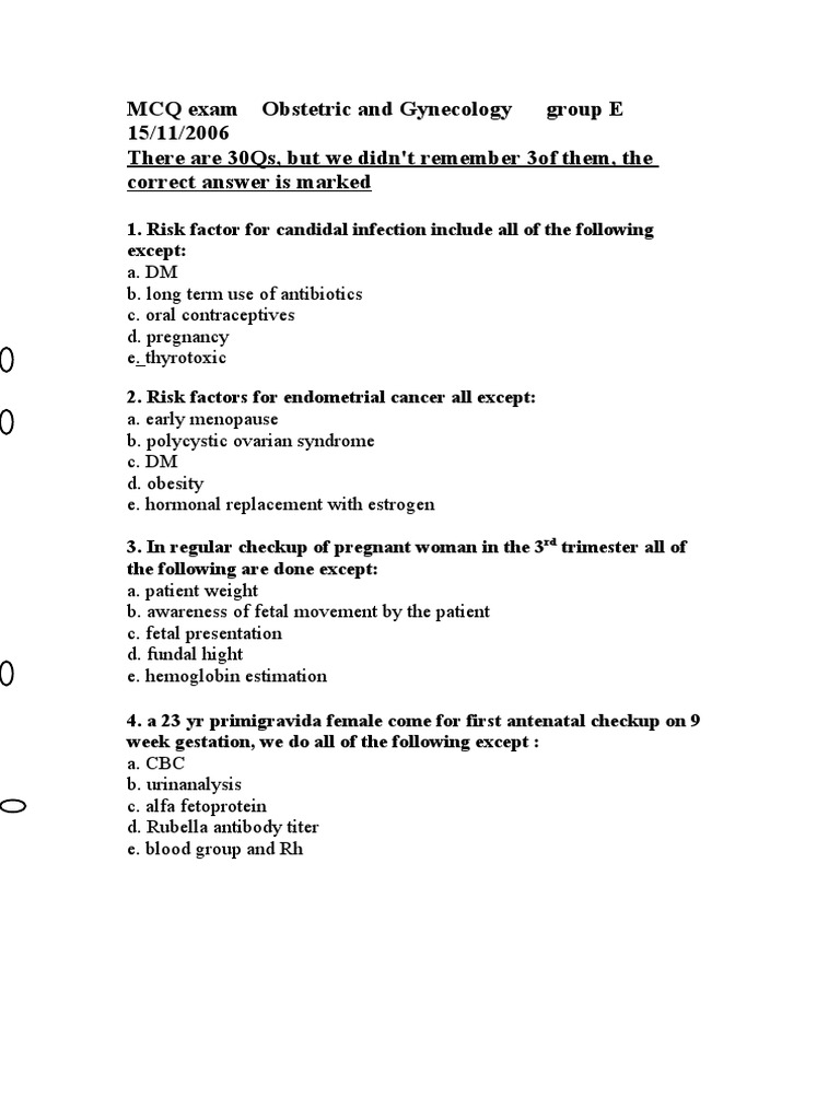MCQ Exam Obstetric and Gynecology Group E 15/11/2006 There Are 30Qs, But We Didn't Remember 3of ...