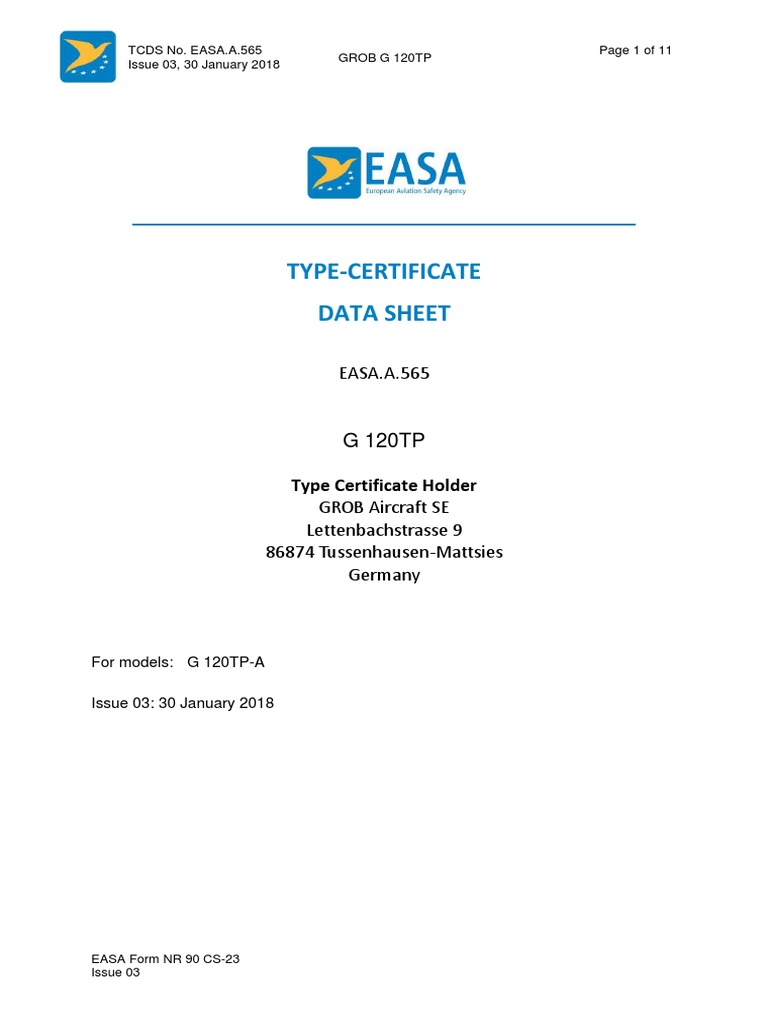GROB G 120TP Type Certificate Data Sheet | PDF | Aviation | Aircraft