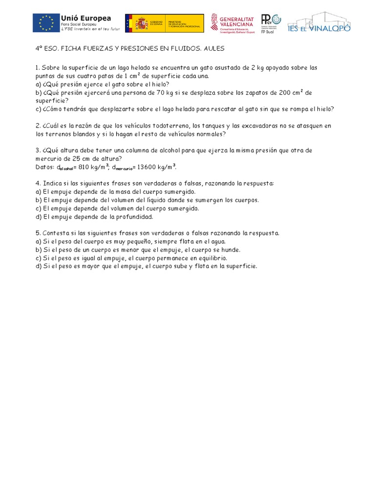 Fuerzas y Presiones en Fluidos 4º ESO | PDF