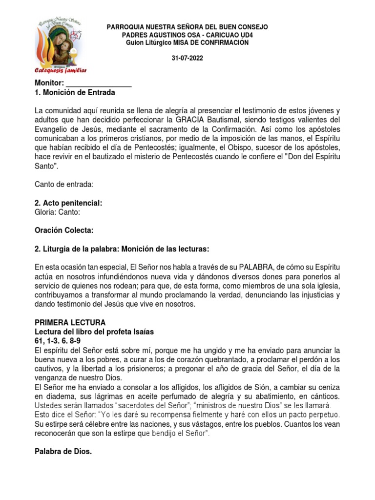 Guión Misa de Confirmación 2021 - 2022 | PDF | eucaristía | Misa (liturgia)