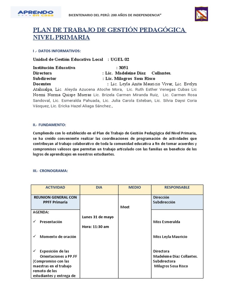Plan de Trabajo de Gestión Pedagógica Nivel Primaria: Atahualpa, Lic ...