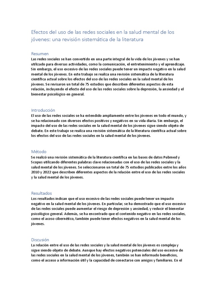 Efectos Del Uso de Las Redes Sociales en La Salud Mental de Los Jóvenes ...