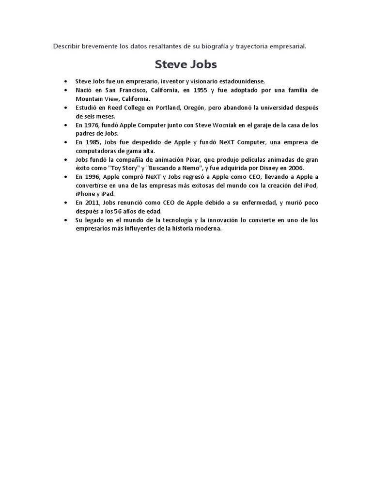 Biografia de Steve Jobs - TB1 Comu. Liderazgo | PDF