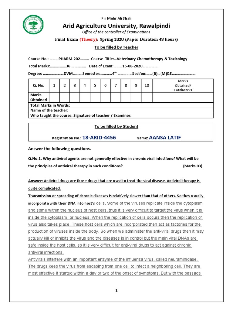 Arid Agriculture University, Rawalpindi: Final Exam / Spring 2020 ...