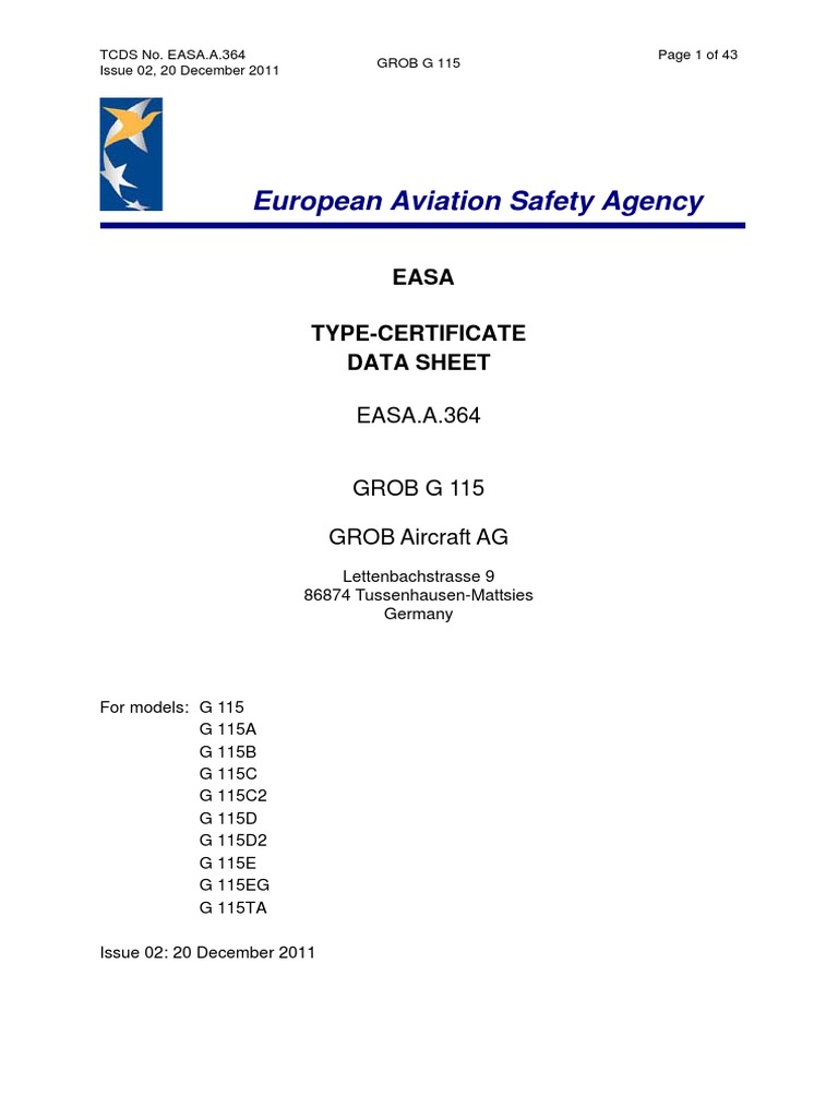 Easa TCDS A.364 - Grob - G - 115 02 20122011 | PDF | Aerospace Engineering | Aircraft