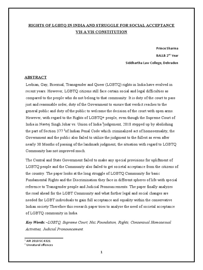 Rights of LGBTQ in India and Struggle For Social Acceptance Vis A Vis ...