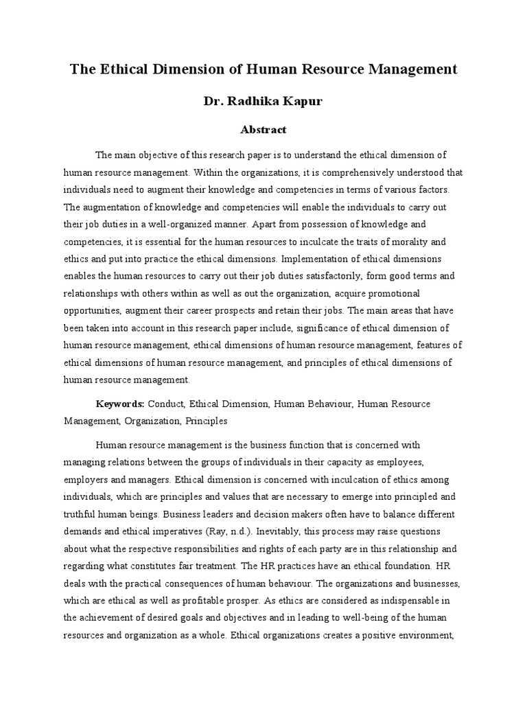 The Ethical Dimension of Human Resource Management: Dr. Radhika Kapur | Download Free PDF ...