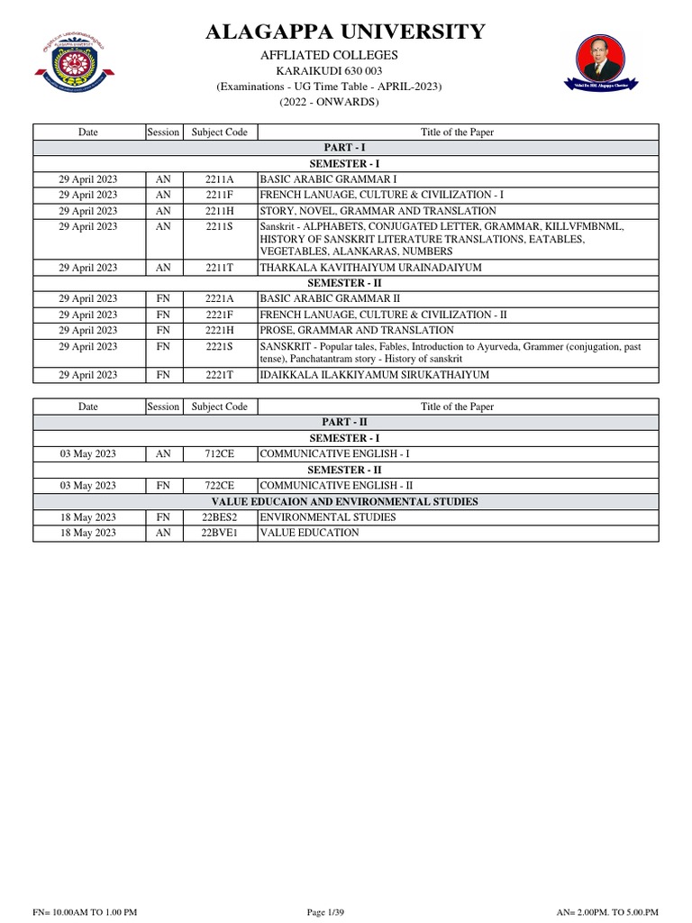 Alagappa University Affiliated Colleges UG Time Table for April 2023 ...