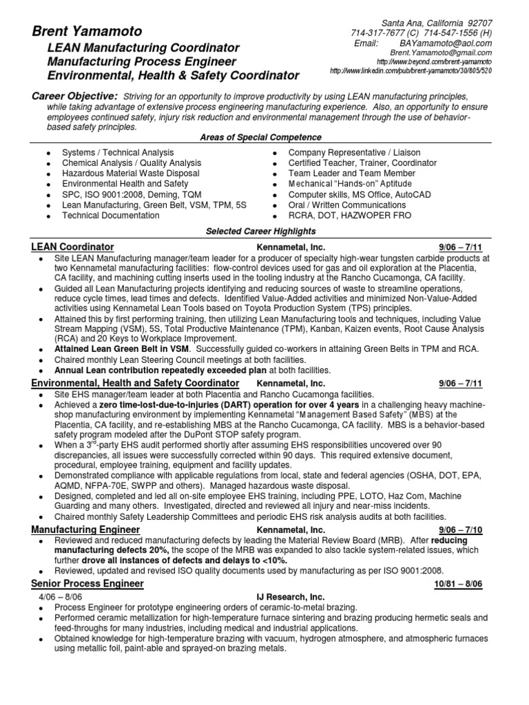 LEAN Manufacturing Engineer in Santa Ana Orange County CA Resume Brent ...
