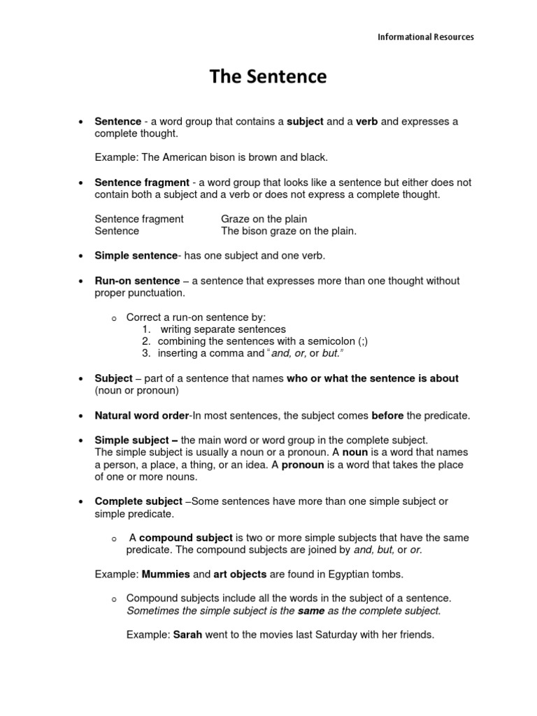 Subject and Predicate Notes | PDF | Subject (Grammar) | Sentence ...