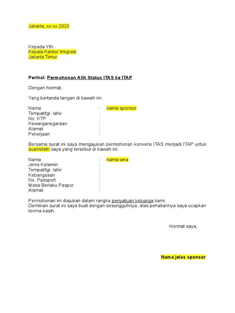 Contoh Surat-Surat Alih Status ITAS Ke ITAP | PDF