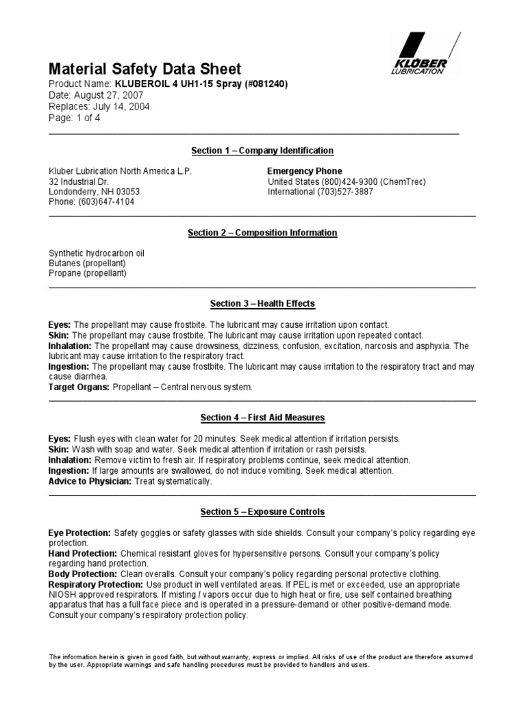 KLUBEROIL 4 UH1-15 Spray MSDS | PDF | Hazardous Waste | Resource ...