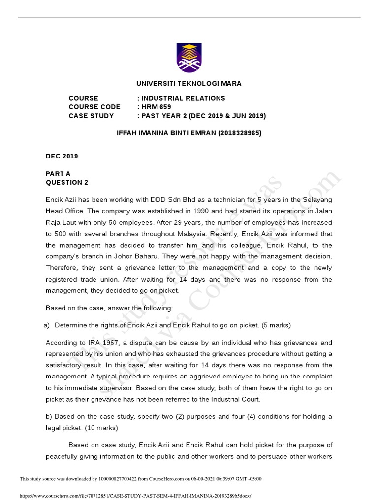Case Study Past Sem 4 Iffah Imanina 2019328965 | PDF | Employment | Picketing