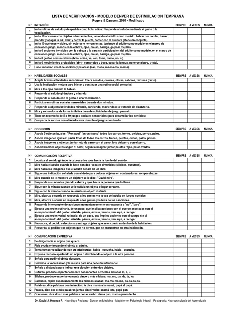 Lista de Verificación - Modelo Denver de Estimulación Temprana | PDF