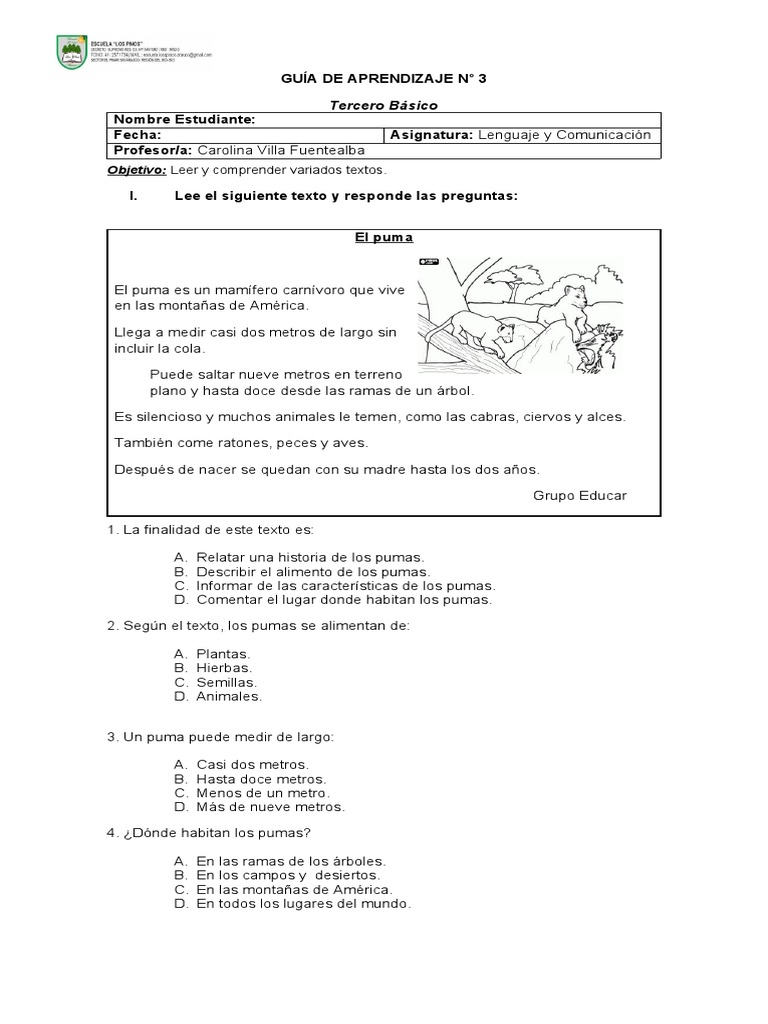 Guia 3 Lenguaje Tercero 2023 | PDF | Puma