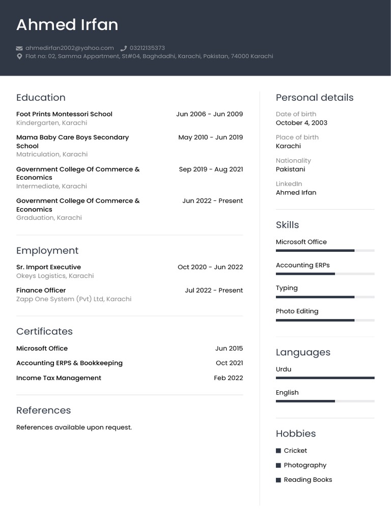 Ahmed Irfan: Education Personal Details | PDF | Economies