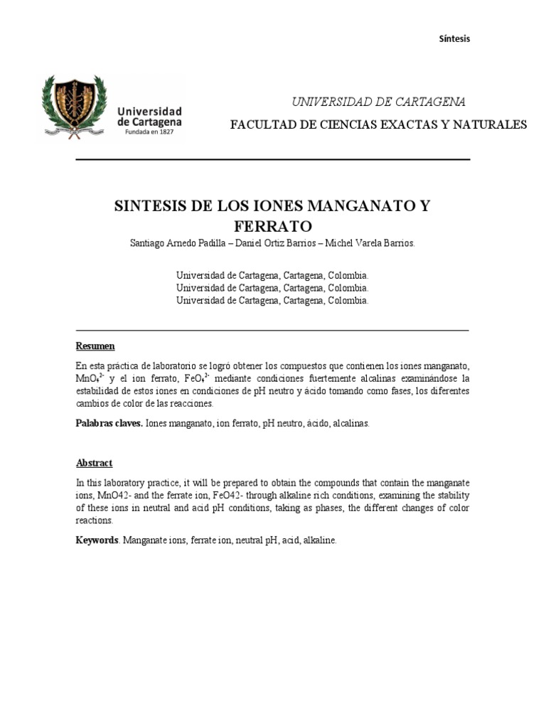 Sintesis de Los Iones Manganato y Ferrato 1 | PDF | Manganeso | Redox