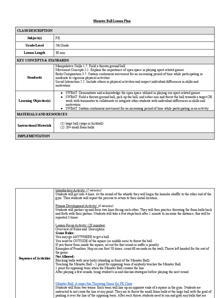 Pe Lesson Plan | PDF | Physical Education | Cognitive Science