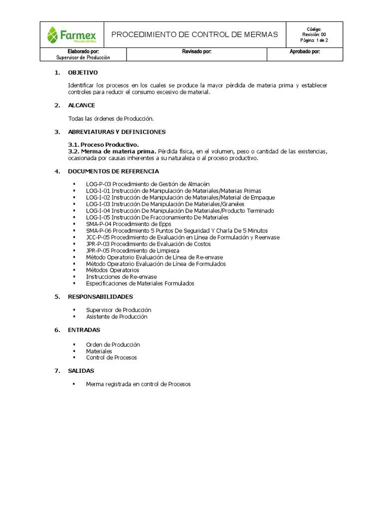 Procedimiento de Control de Mermas: 1. Objetivo | PDF