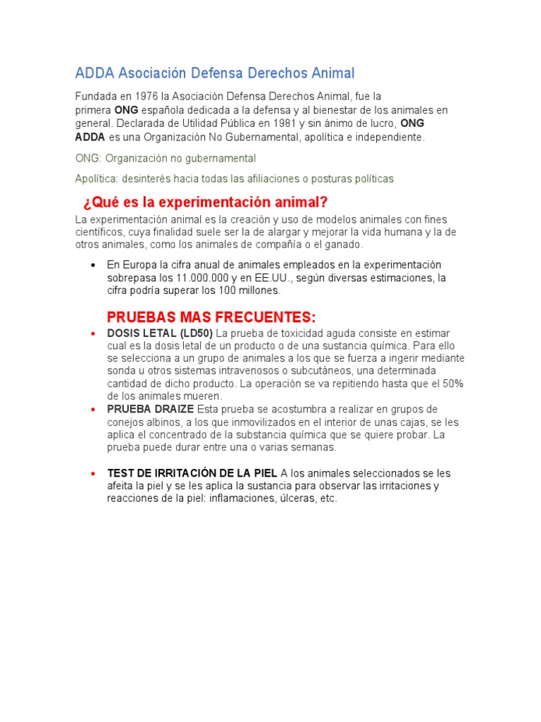 ADDA Asociación Defensa Derechos Animal | PDF | Experimentar | Ensayo ...