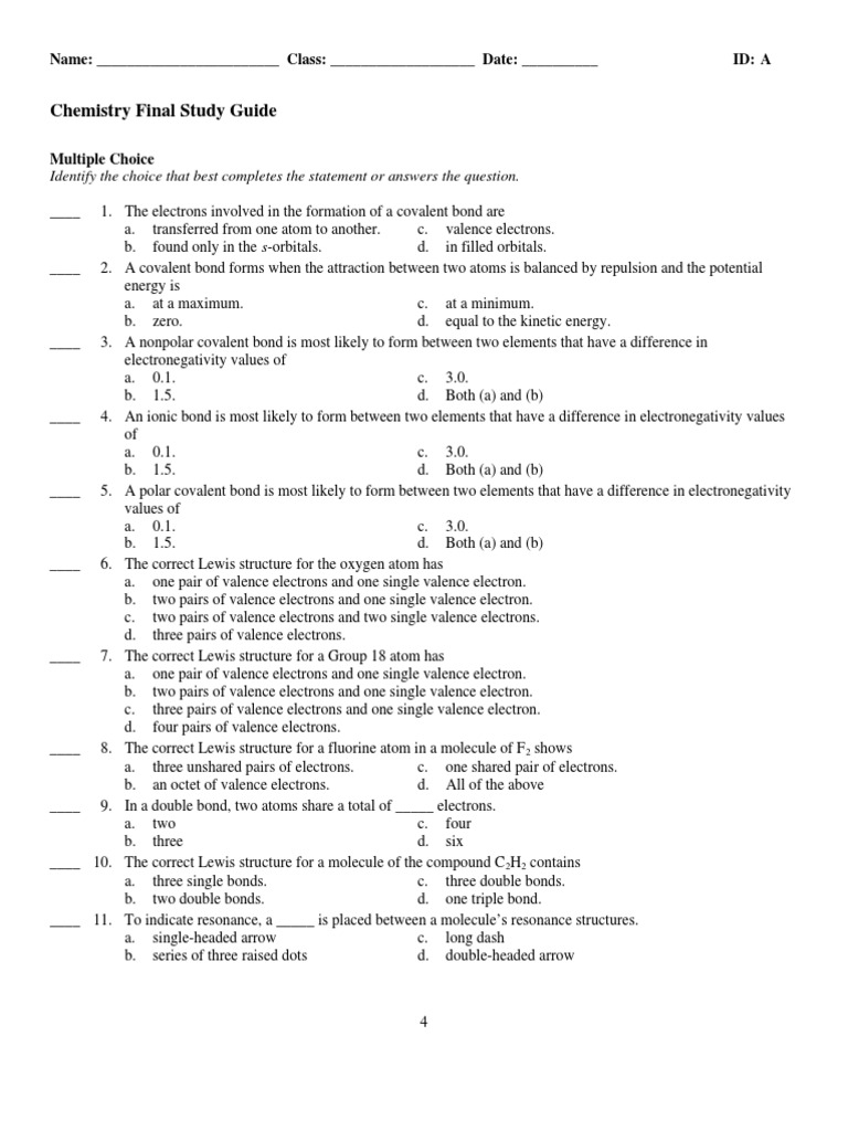 Chemistry Final Study Guide: Identify The Choice That Best Completes ...