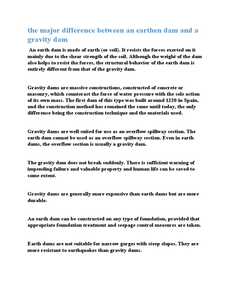 The Major Difference Between An Earthen Dam and A Gravity Dam | PDF