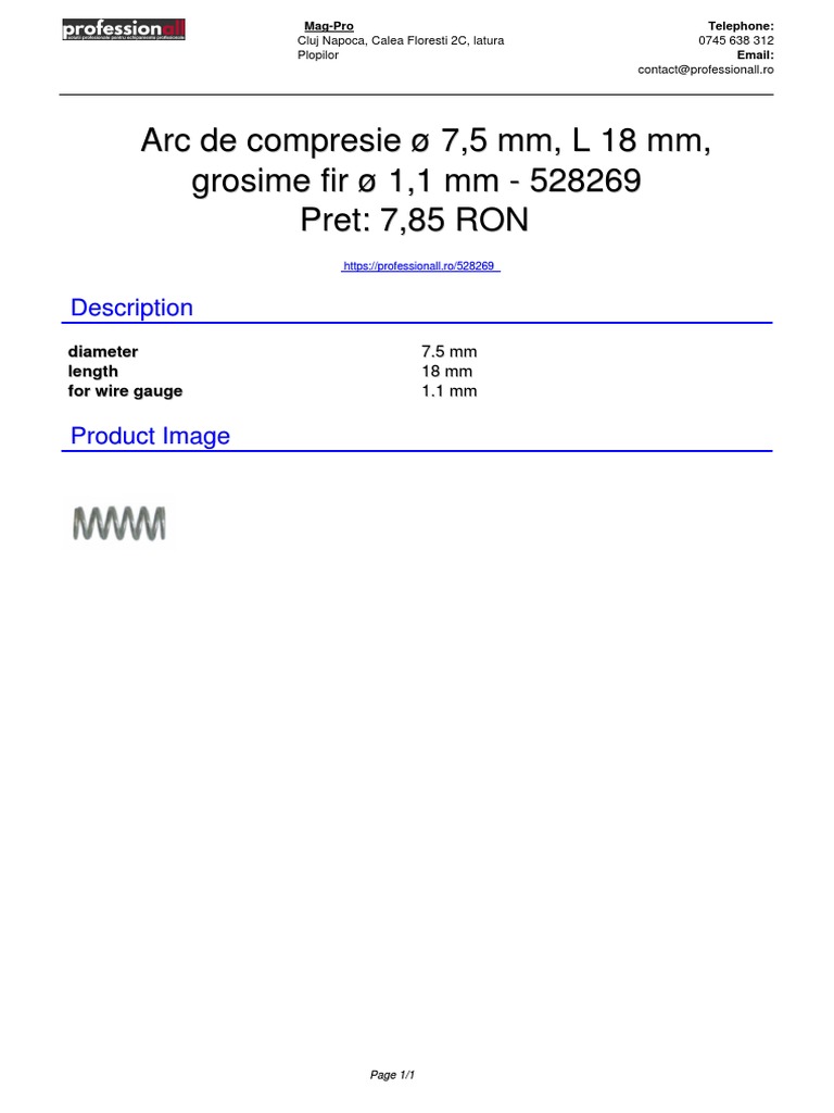Arc de Compresie Ø 7,5 MM, L 18 MM, Grosime Fir Ø 1,1 MM - 528269 | PDF