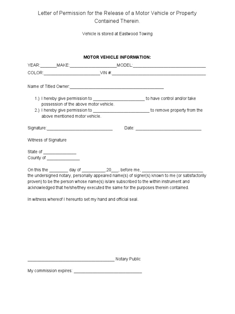 Eastwood Towing Letter of Permission To Release A Vehicle or Property ...