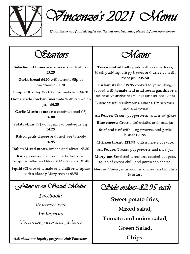Starters Mains: Vincenzo's 2021 Menu | PDF | Pizza | Pasta