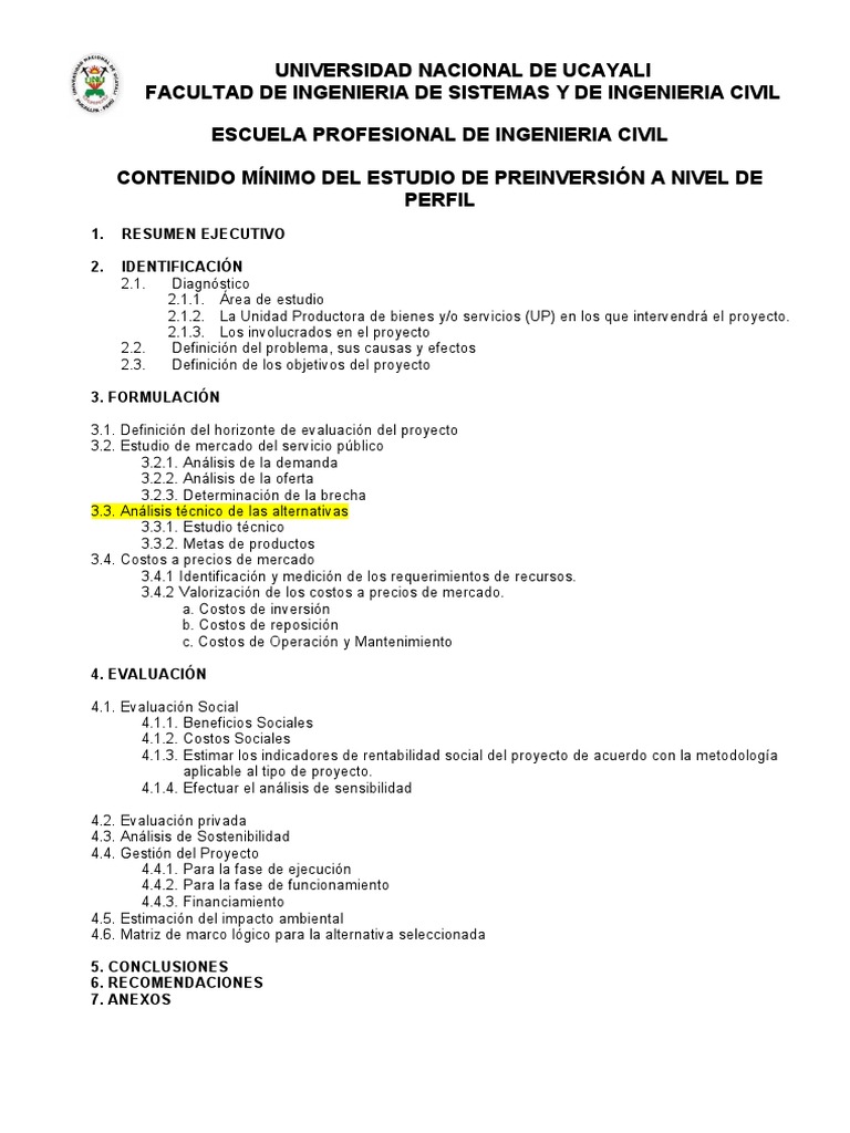 Contenido Mínimo Del Estudio de Preinversión A Nivel de Perfil | PDF