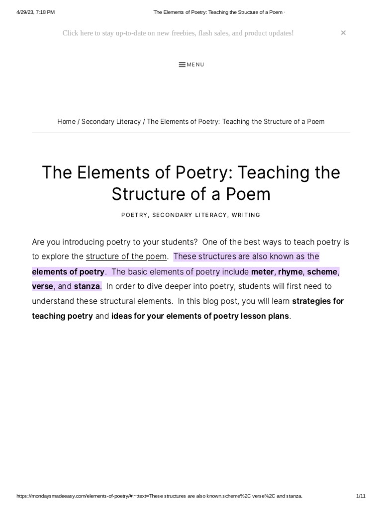 The Elements of Poetry - Teaching The Structure of A Poem | PDF ...