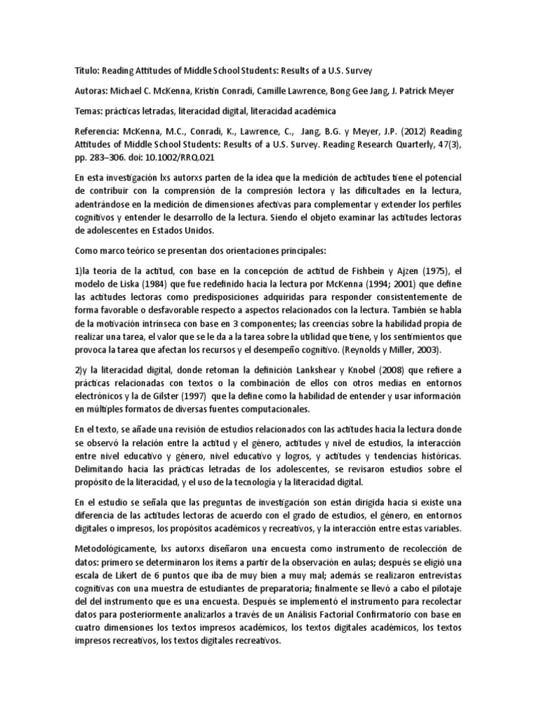 Reading Attitudes of Middle School Students Results of A U.S. Survey ...