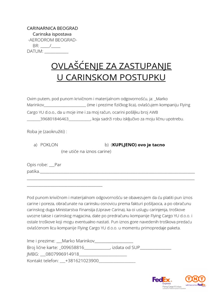 Ovlašćenje Za Zastupanje U Carinskom Postupku | PDF