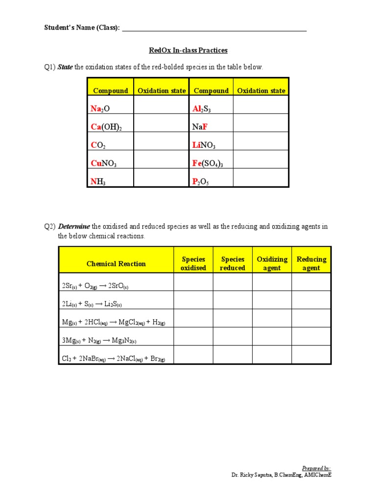 Chemistry Worksheet | PDF | Redox | Physical Sciences