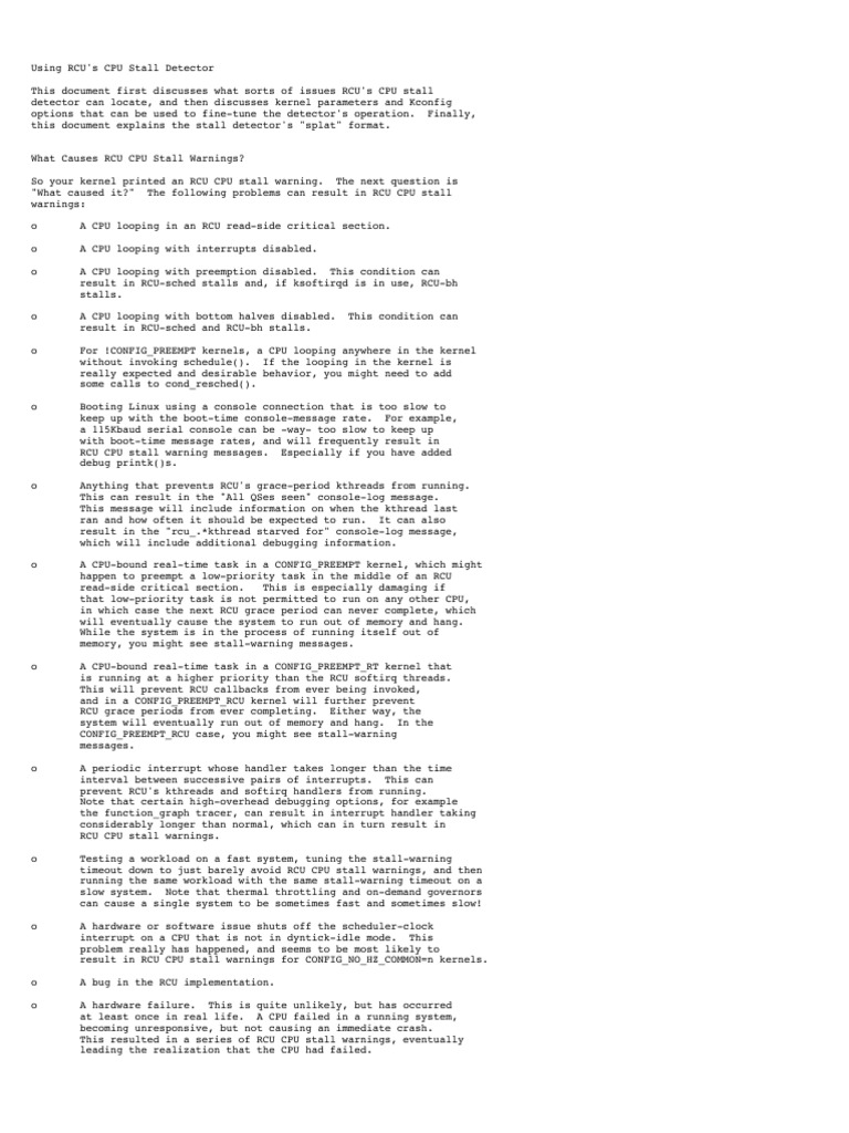 RCU Stall Warnings | PDF | Central Processing Unit | Thread (Computing) RCU Stall Warnings | PDF | Central Processing Unit | Thread (Computing)