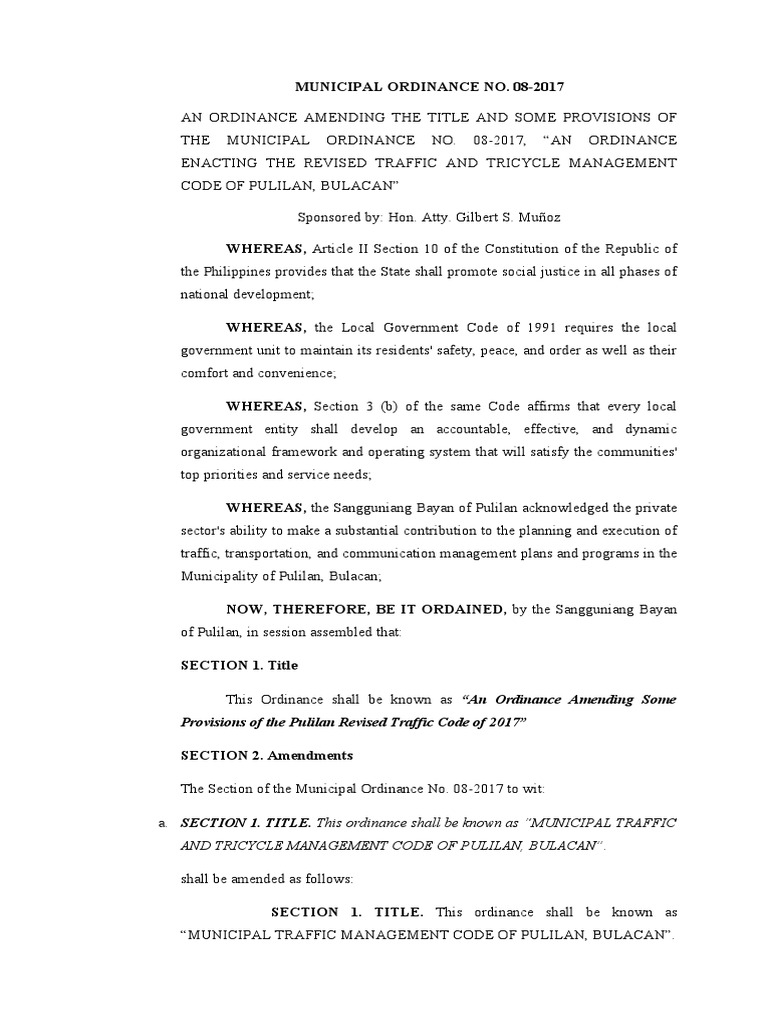 Municipal Ordinance No. 08-2017 Amendment | PDF | Franchising | Traffic