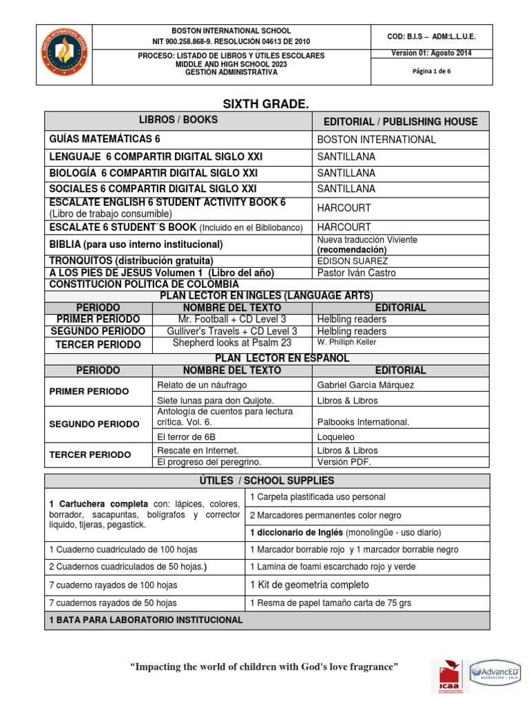 Lista de Libros y Útiles 6º Grado 2023 | PDF | Ciencias sociales | Estudios de idiomas extranjeros