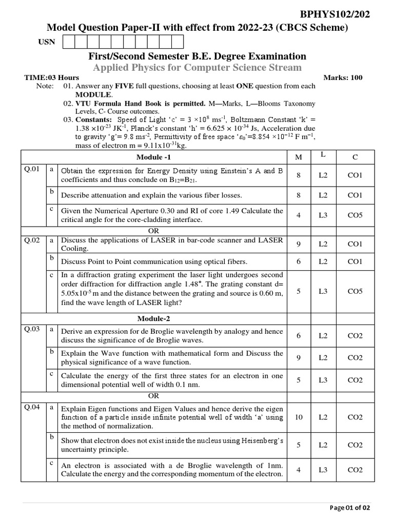 Model Question Paper for Applied Physics with Solutions Mapped to Course Outcomes and Bloom's ...