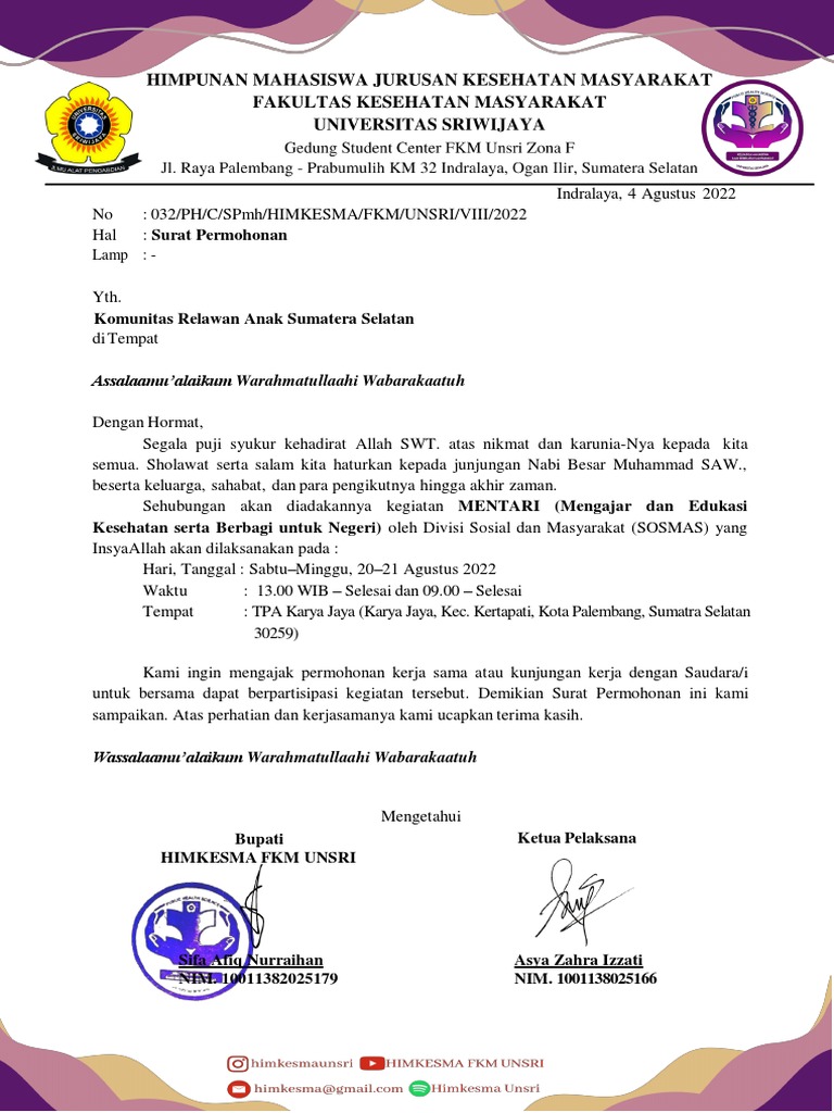 (Relawan Anak Sumatera Selatan) Surat Permohonan Kerja Sama | PDF