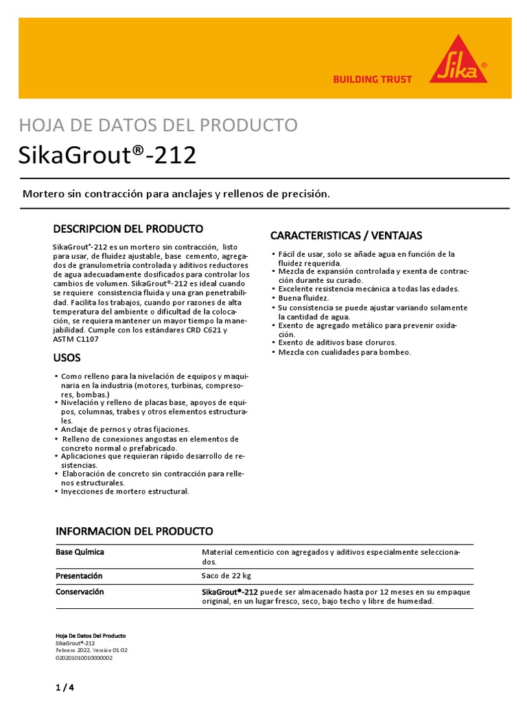 Sikagrout - 212 | PDF | Hormigón | Materiales