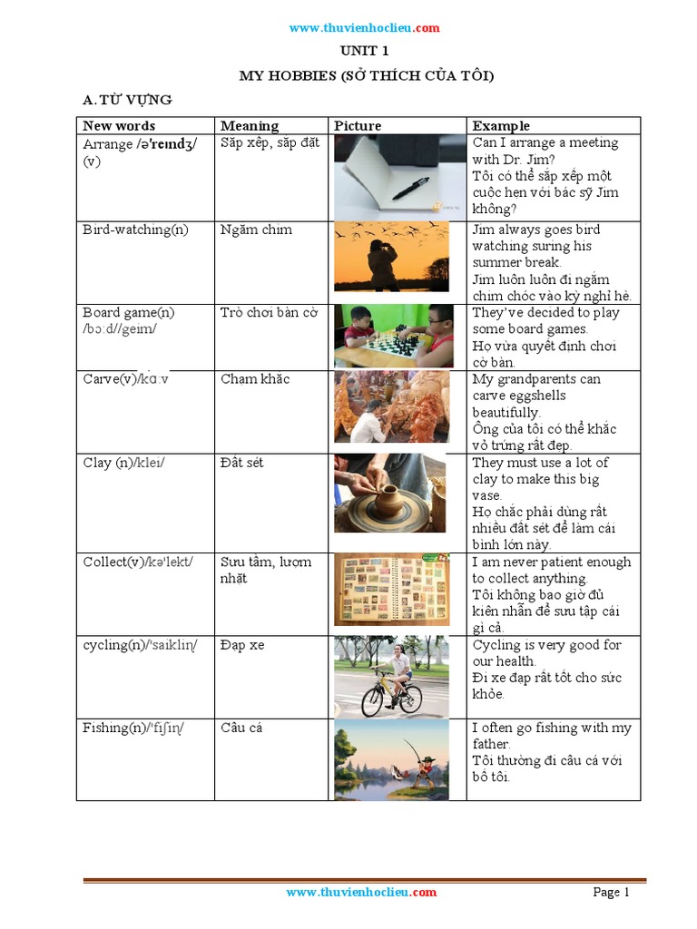 Ə'reɪndʒ/: Unit 1 My Hobbies (S Thích C A Tôi) A.T V NG New Words Meaning Picture Example | PDF