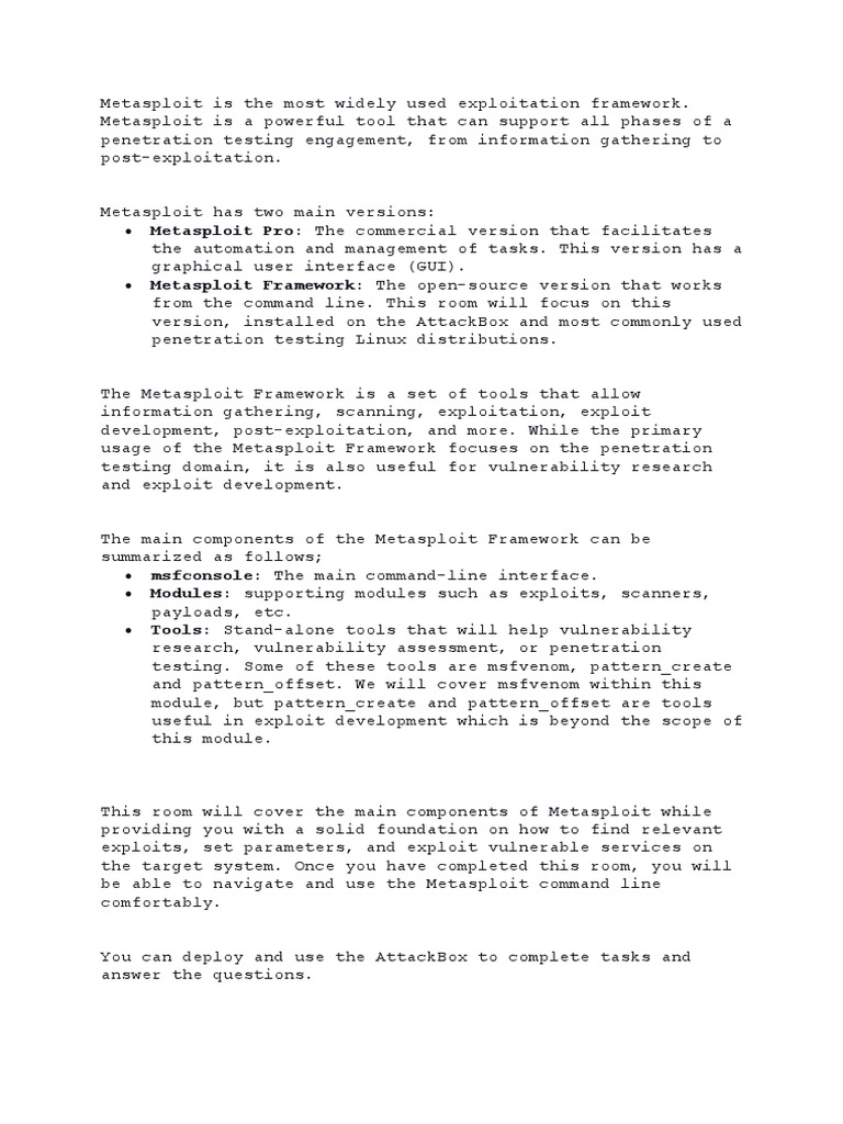 Metasploit Is The Most Widely Used Exploitation Framework | PDF