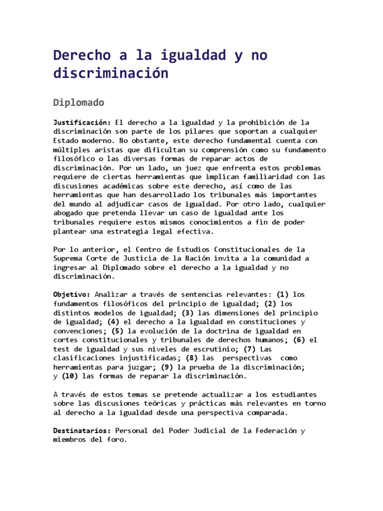 Derecho A La Igualdad y No Discriminación | Descargar gratis PDF | Derecho Constitucional ...