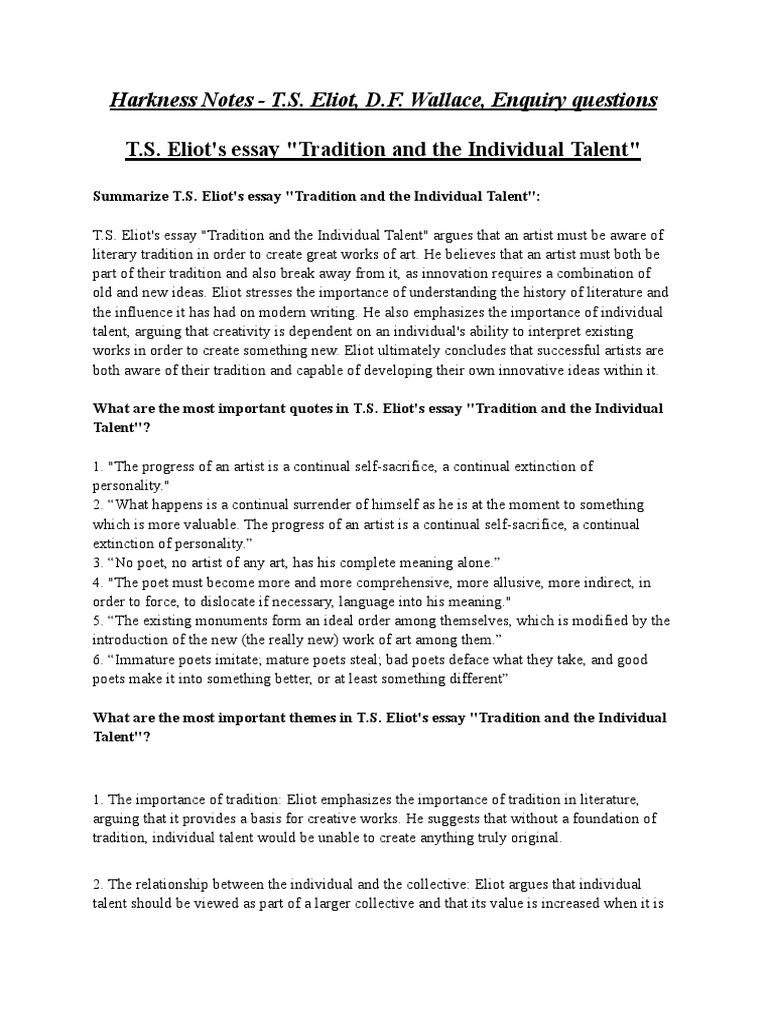 ENG - Harkness Discussion English Notes | PDF | Intertextuality | T. S ...